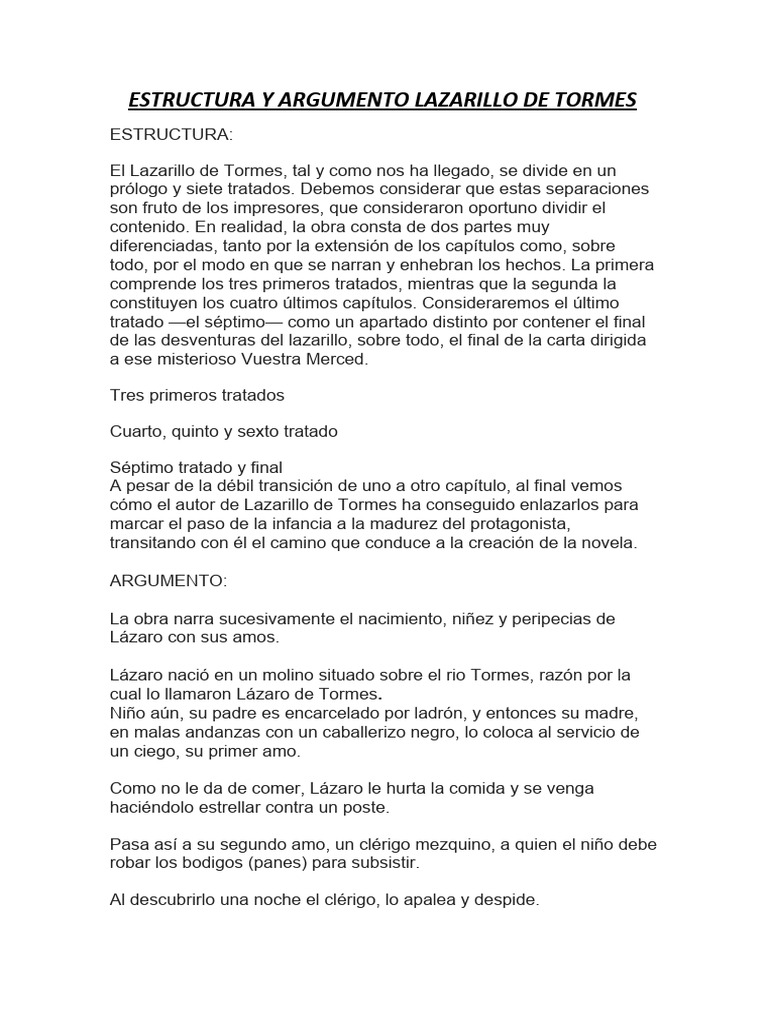 Estructura y Argumento Lazarillo de Tormes | PDF
