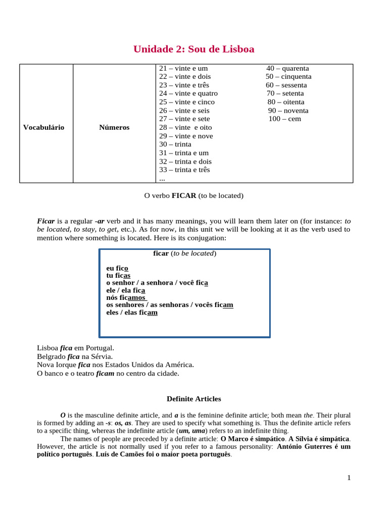 Portuguess A1.1. - Unidade 2 | PDF | Linguistics | Linguistic Morphology
