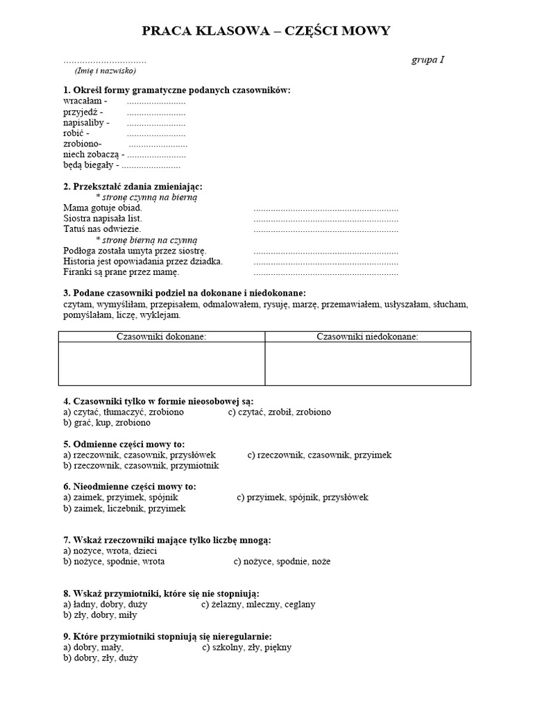 Praca Klasowa - Części Mowy | PDF