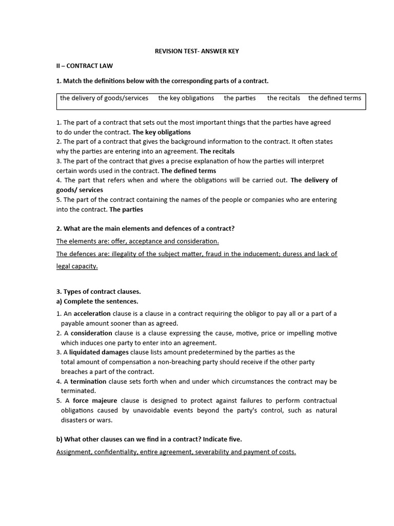 Revision Test Answer Key | PDF | Damages | Breach Of Contract