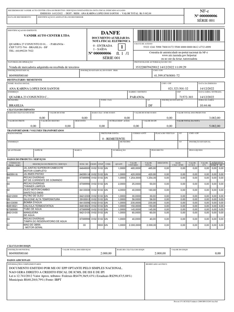 Nota Fiscal de Venda - Vandir Auto Center | PDF | Recibo | Business