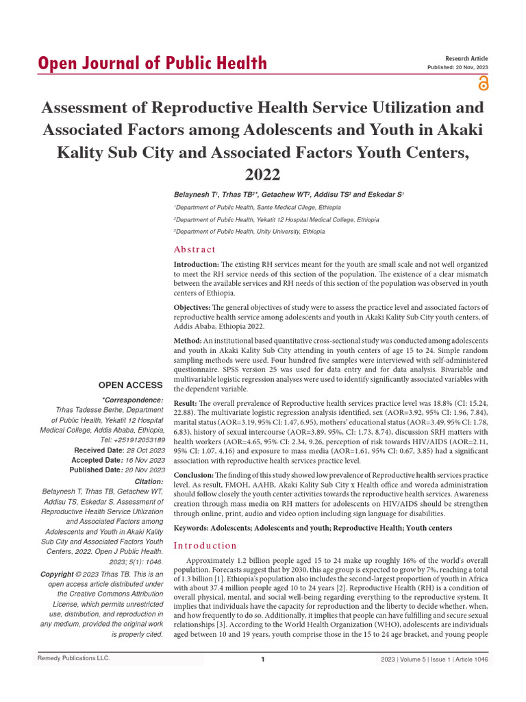 Assessment of Reproductive Health Service Utilization and Associated ...