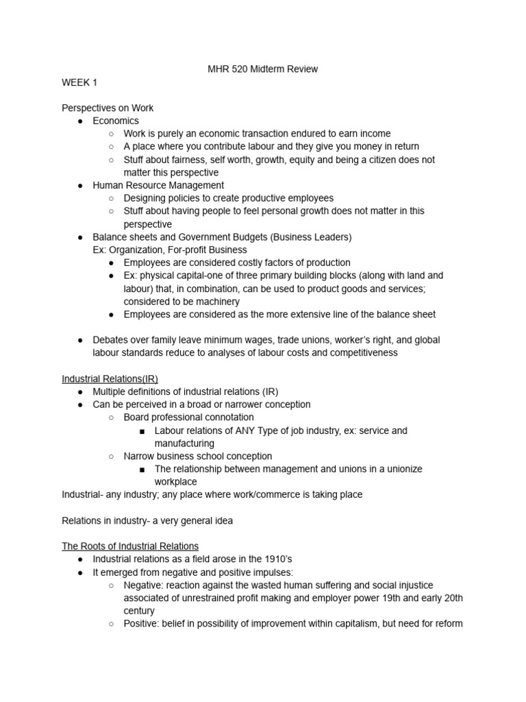 MHR 520 Midterm Review 2022 | PDF | Employment | Labour Economics