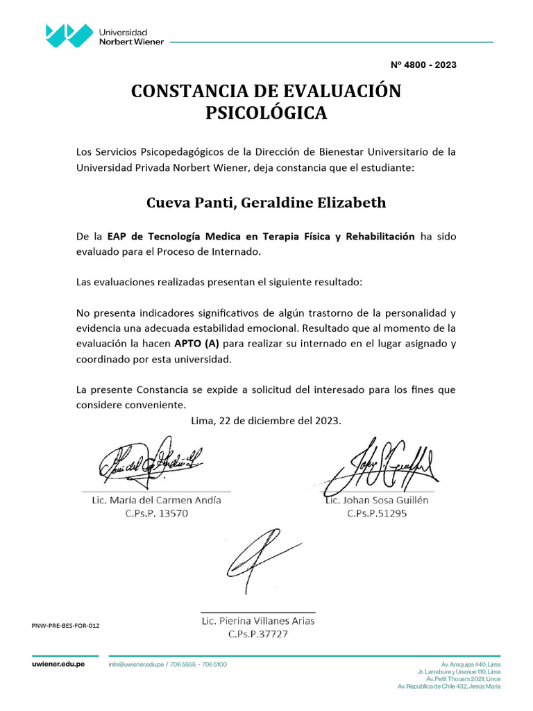 Constancia de Evaluación Psicológica 2023 | PDF