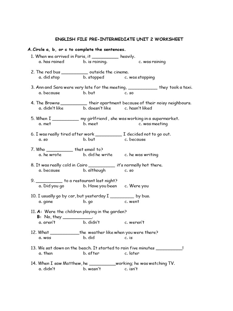 English File Pre-Intermediate Unit 2 Worksheet A.Circle A, B, or C To ...