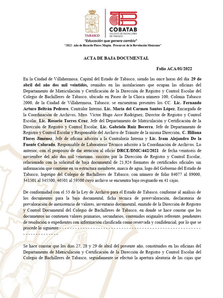 Ensayo Acta de Baja Documental 01 (R) | PDF | México | Gobernancia
