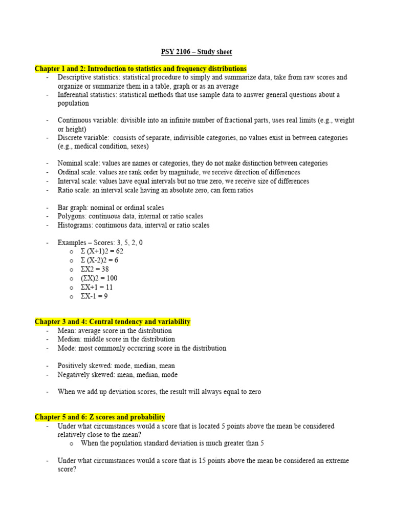 PSY 2106 - Study Sheet | PDF