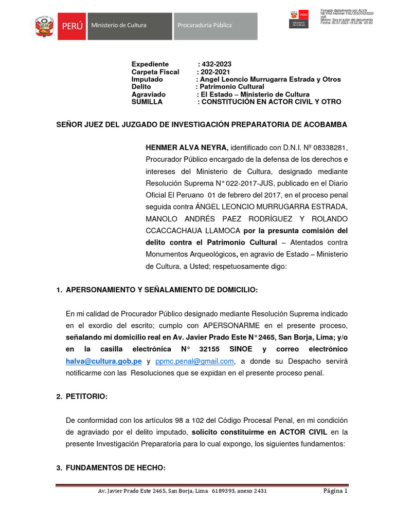 Escrito de Constitucion en Actor Civil | PDF