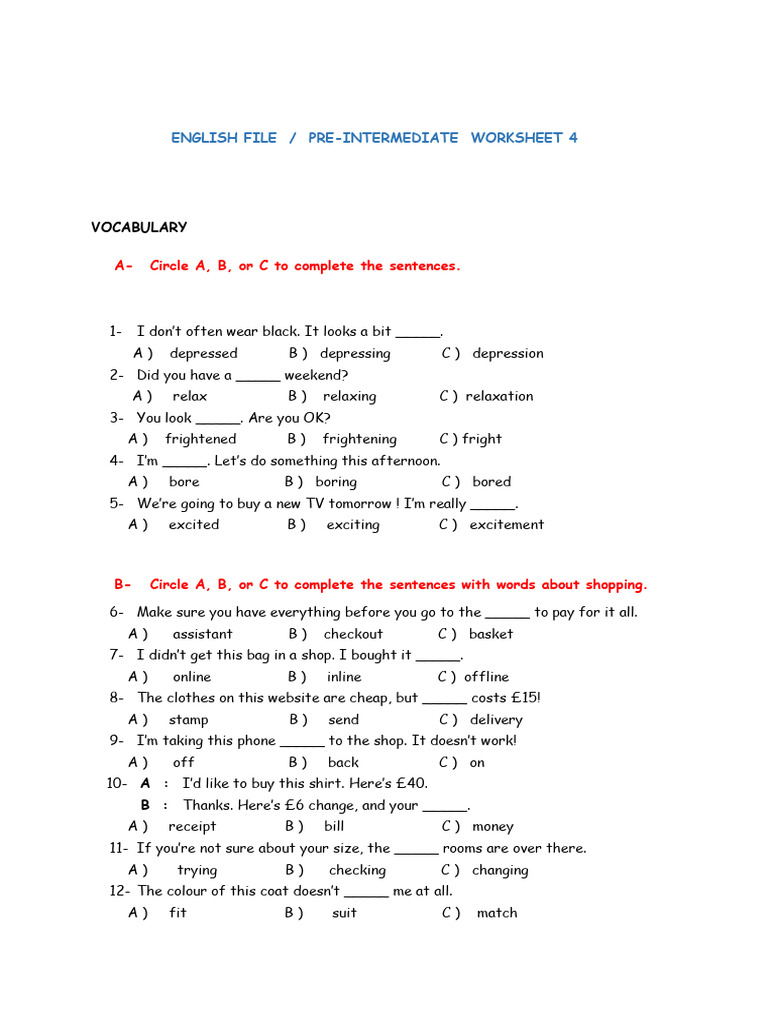 English File / Pre-Intermediate Worksheet 4: Vocabulary | PDF
