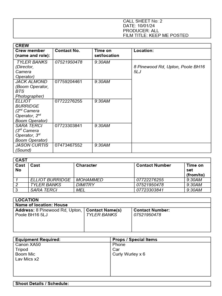 new call sheet 2 -10th jan | PDF