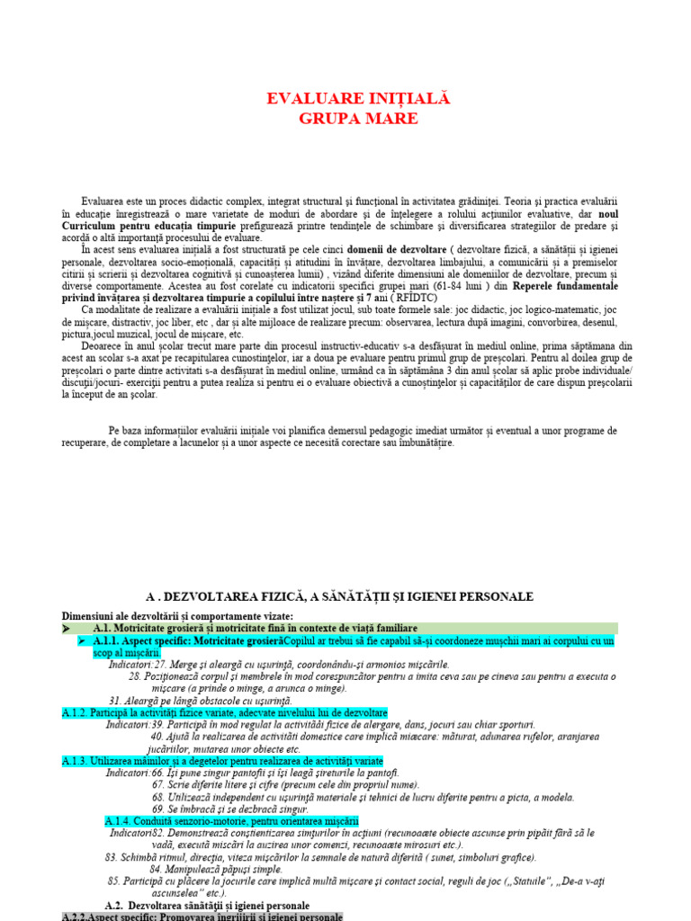 Evaluare Initiala - Grupa Mare | PDF