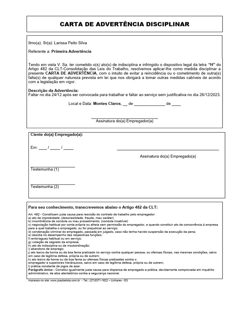 Carta de Advertencia Disciplinar | PDF | Direito Comum | Justiça Carta de Advertencia Disciplinar | PDF | Direito Comum | Justiça