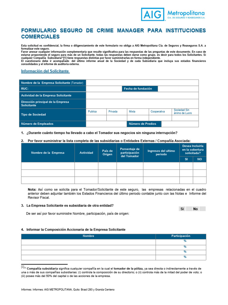 AIG Metropolitana Formulario CRIME | PDF | Seguro | Auditoría