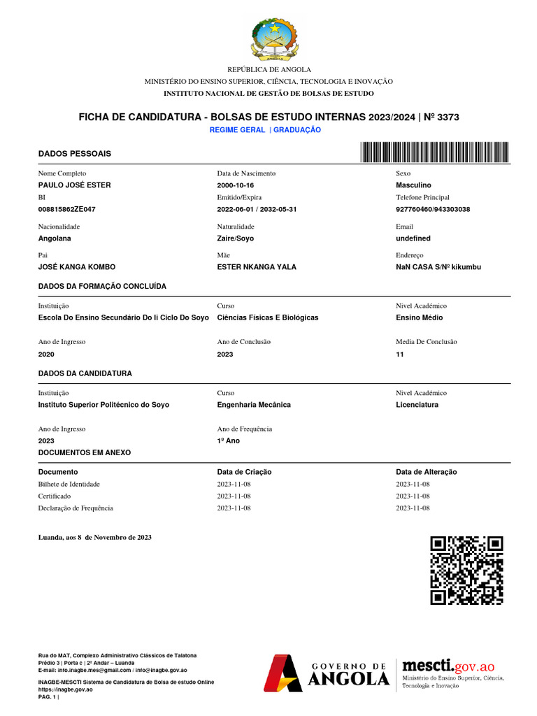 Ficha Candidatura PAULO JOSÉ ESTER | PDF | Ensino Superior | Angola