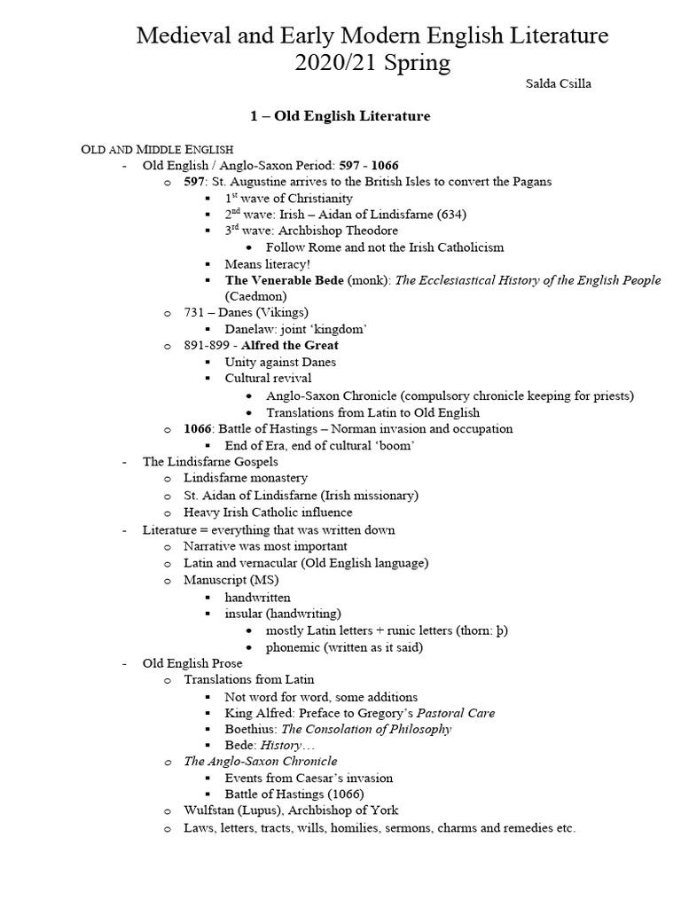 Medieval and Early Modern English Literature Notes | PDF | Beowulf ...