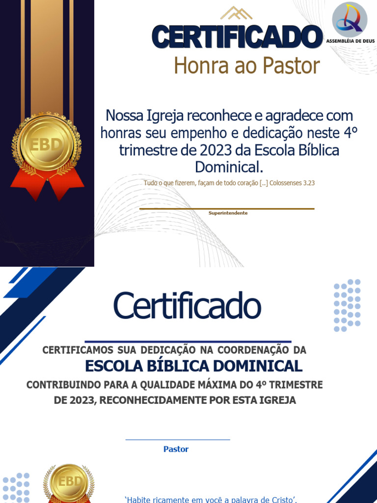 Certificados 4° Trimestre 2023 - EBD Canal Descomplicando A Teologia - PDF - 2023 | PDF