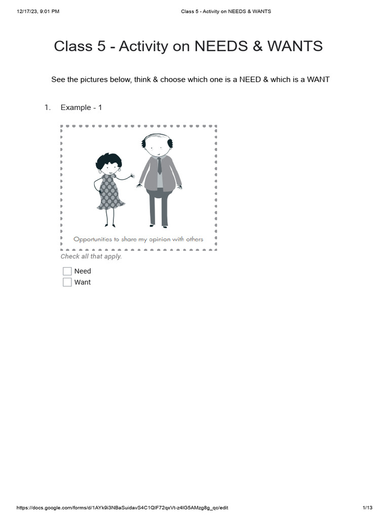 Activity On Needs & Wants | PDF