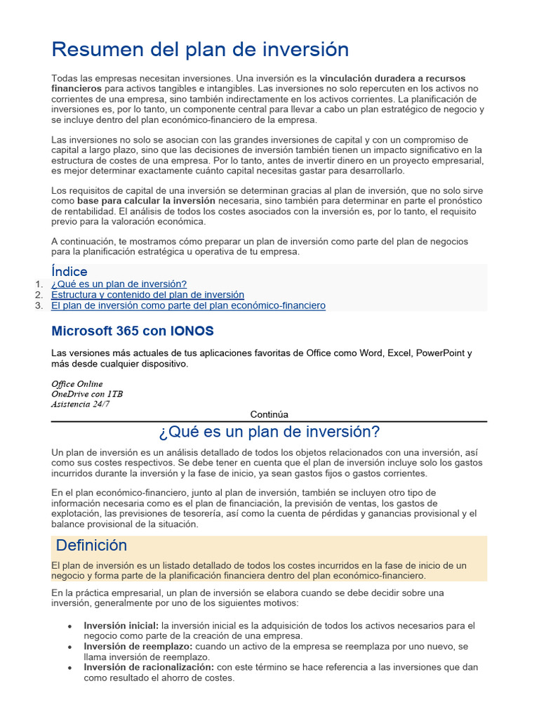 Resumen Del Plan de Inversión | PDF | Finanzas y dinero | Derecho