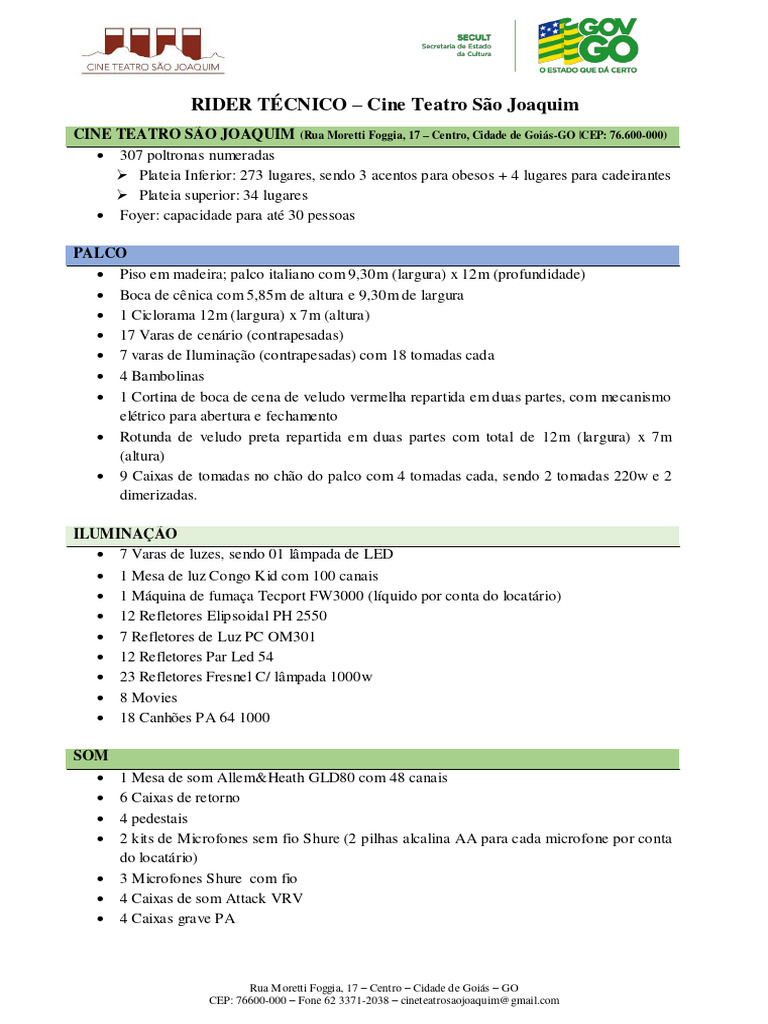 Rider Técnico Cine Teatro Sao Joaquim | PDF | Casa e Jardim