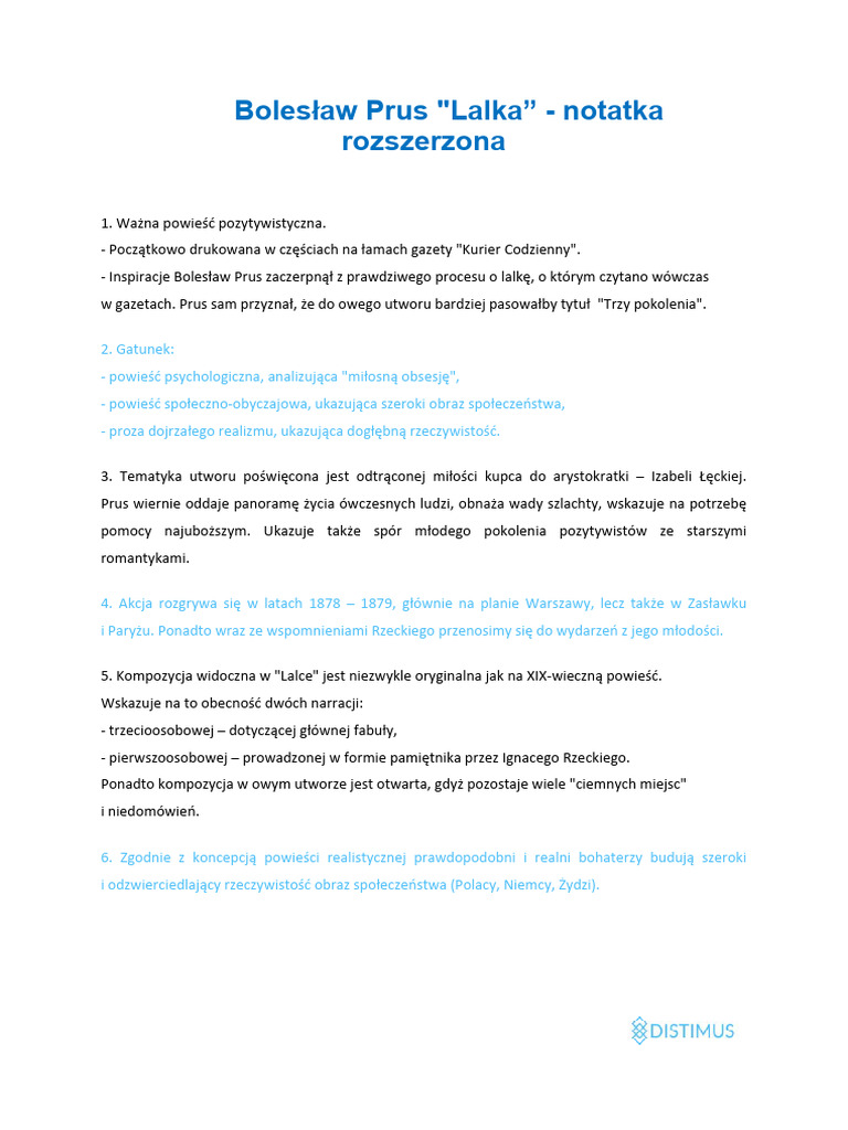 Distimus Bolesław Prus Lalka Notatka Rozszerzona | PDF