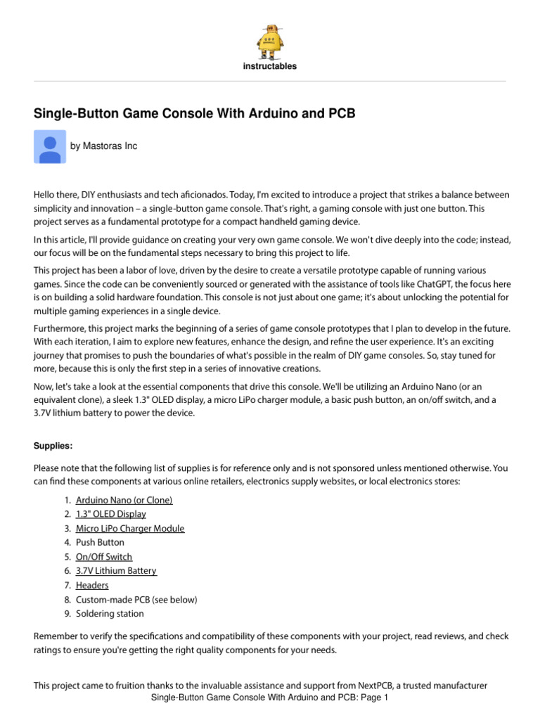 Single Button Game Console With Arduino And Pcb Pdf Printed Circuit