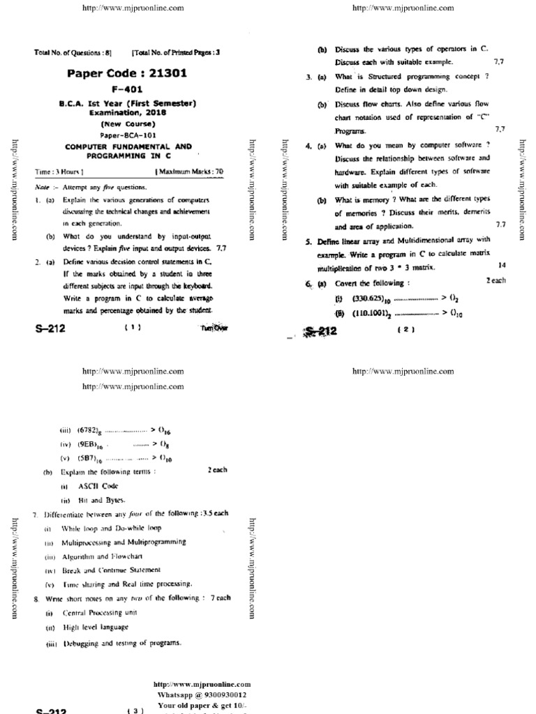 Bca 1 Sem Computer Fundamental and Programming v2 21301 2018 | PDF