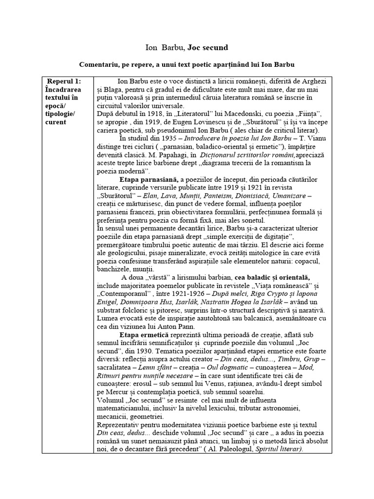 Ion Barbu Din Ceas Dedus... Comentariu Pe Repere | PDF