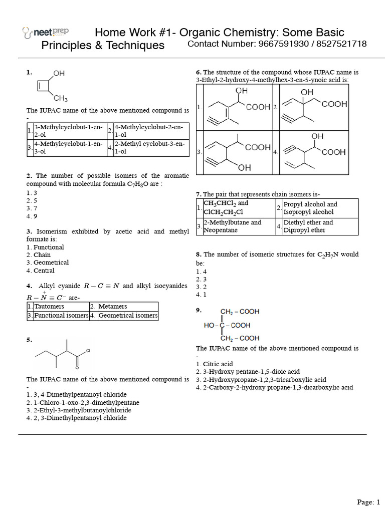 Home Work #1 Organic Chemistry Some Basic Principles & Techniques | PDF | Isomer | Chemistry