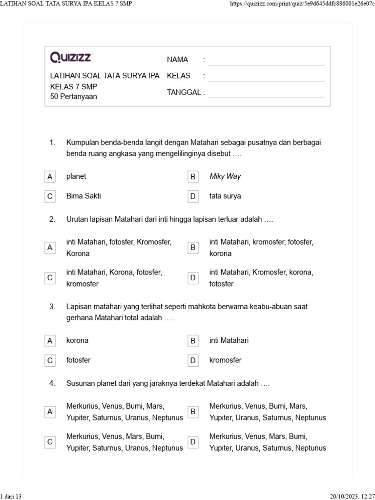 Soal Tata Surya Kelas 7 SMP | PDF