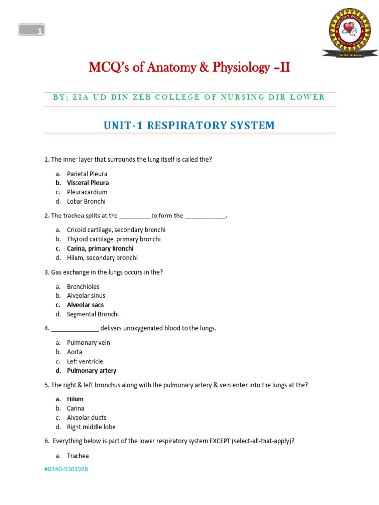 100 Important MCQ's of Respiratory System | PDF