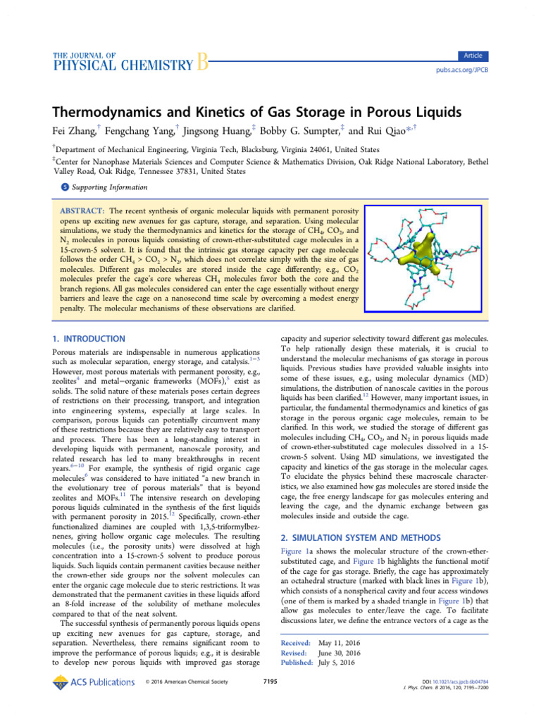 Thermodynamics and Kinetics of Gas Storage in Porous Liquids | PDF