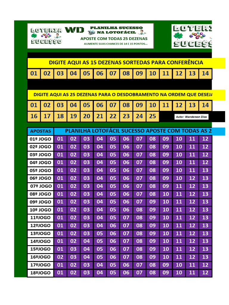 WD Planilha Lotofacil 25 Dezenas 151 Jogos - 1 2 | PDF