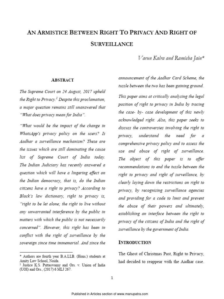 An Armistice Between Right To Privacy and Right of Surveillance | PDF ...