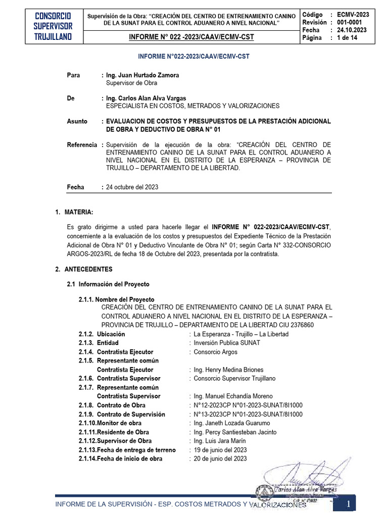 Informe N°022 - EVALUACION ADIC. Y DED. OBRA #01 | PDF | Presupuesto | Hormigón