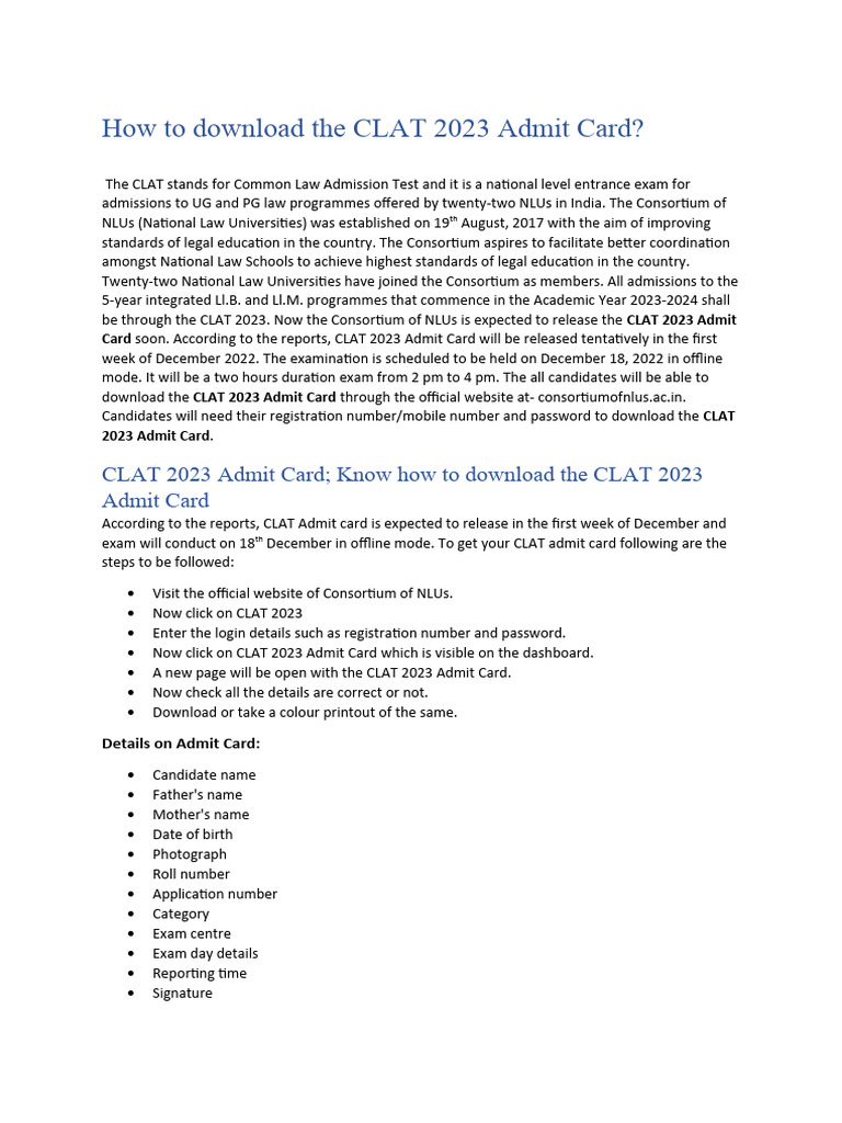 How To Download The CLAT 2023 Admit Card | PDF | Government