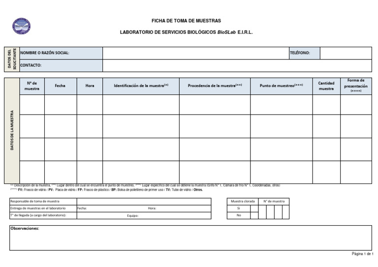 Ficha de Toma de Muestras PDF | PDF
