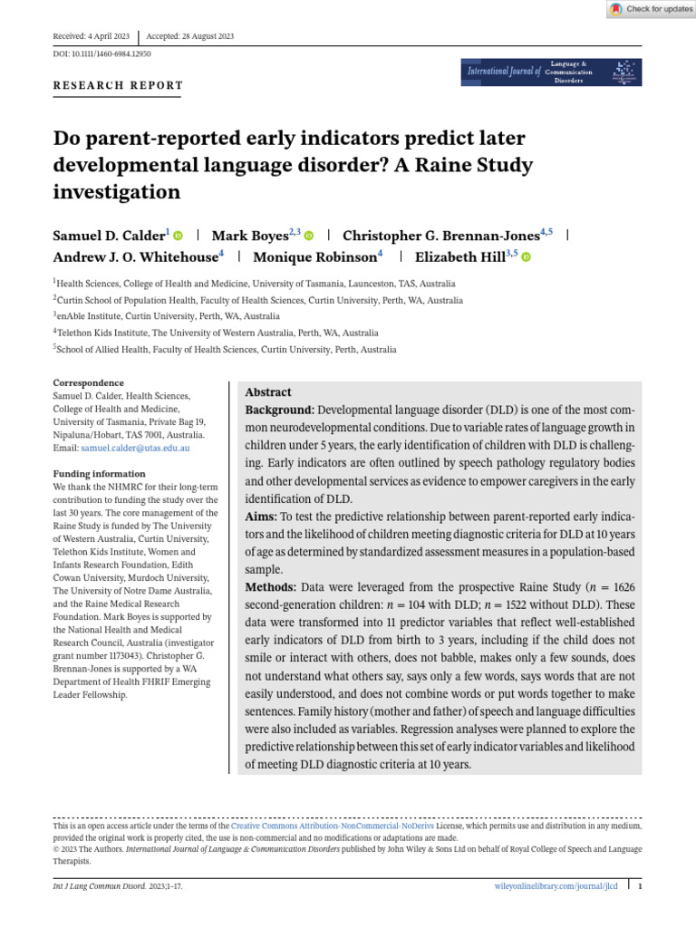 Intl J Lang Comm Disor - 2023 - Calder | PDF | Mental Disorder | Language Development