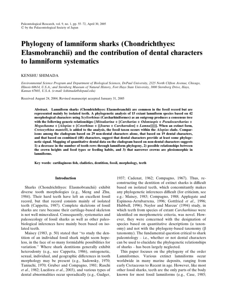 Lamniform Sharks Phylogeny and Dentition | PDF | Tooth | Taxonomy (Biology)
