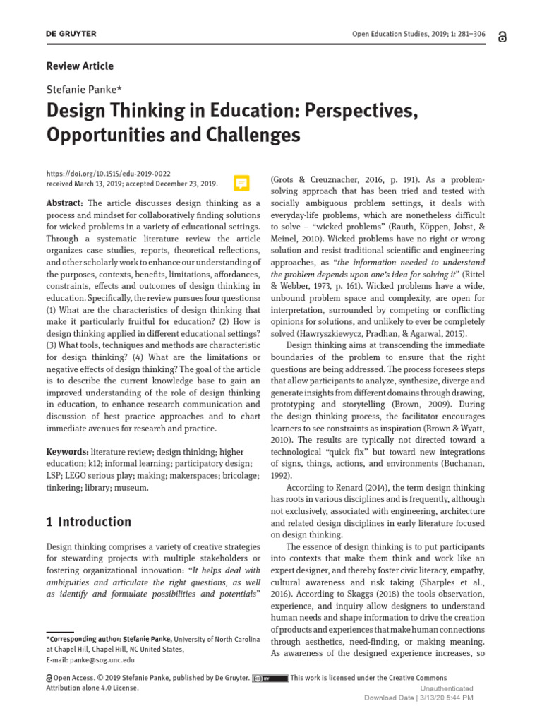 (Open Education Studies) Design Thinking in Education Perspectives ...