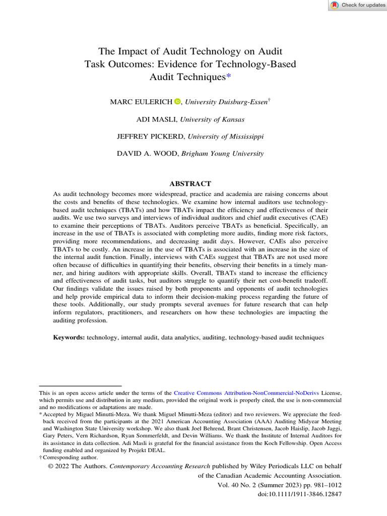 Contemporary Accting Res - 2022 - Eulerich - The Impact of Audit Technology On Audit Task ...