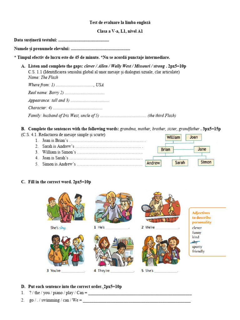 Test de Evaluare La Limba Engleză A V-A Family | PDF