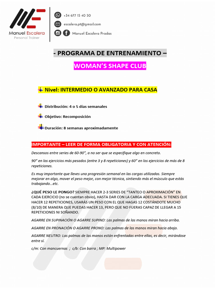 Rutina Avanzada en Casa Woman S Shape 2 | PDF