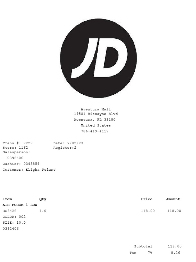 Aventura Mall JD Sports Receipt | PDF