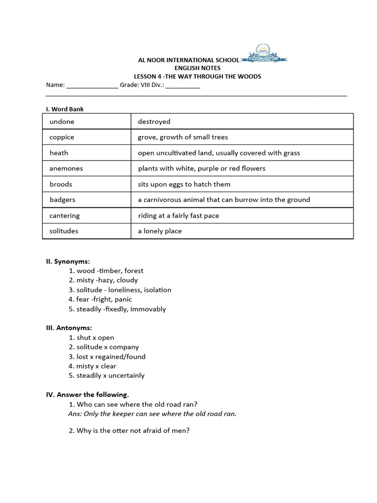 English Notes - Lesson 4 The Way Through The Woods | PDF