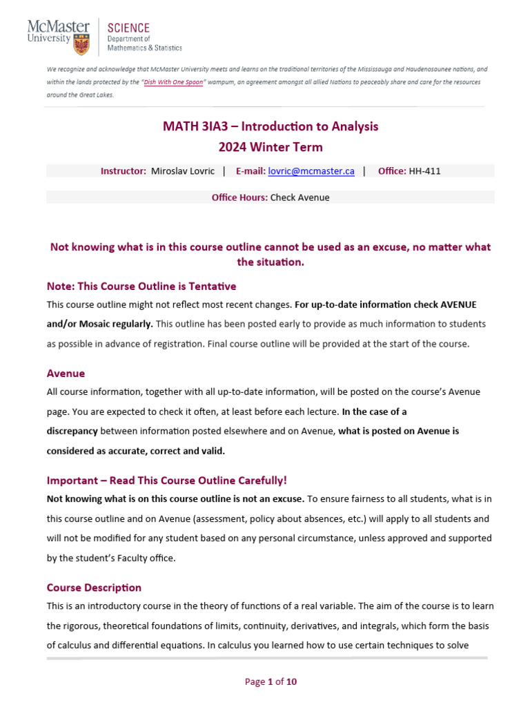 MATH 3IA3 Introduction Analysis - W2024 | PDF | Career & Growth | Teaching Methods & Materials