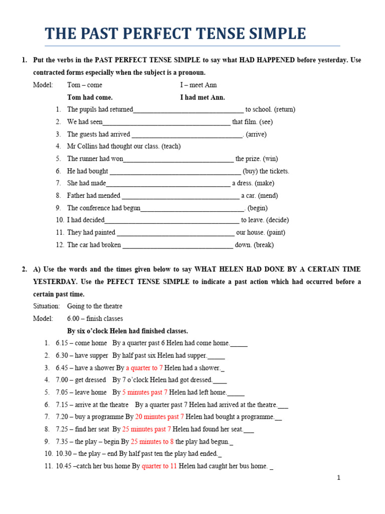 Past Perfect Tense Exercises | PDF | Grammatical Tense | Perfect (Grammar)