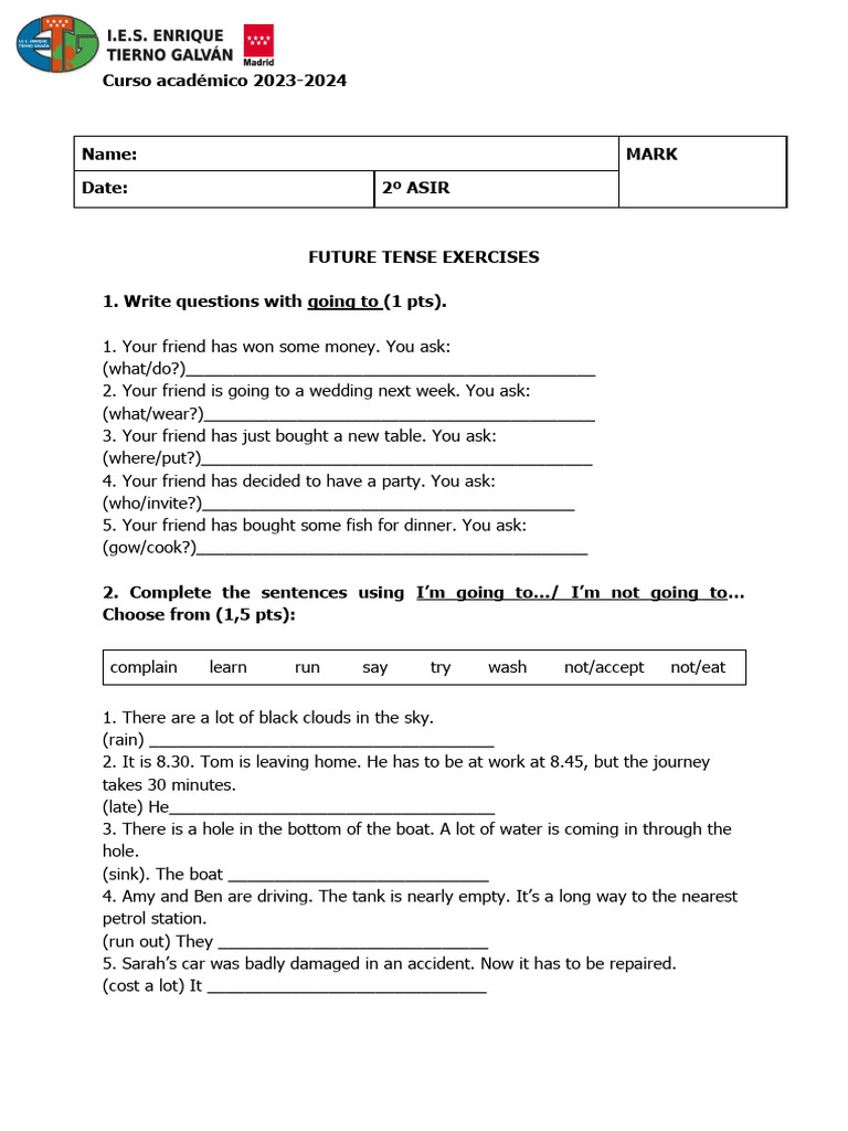 Future Tense Exercises | PDF | Teaching Methods & Materials | Home & Garden