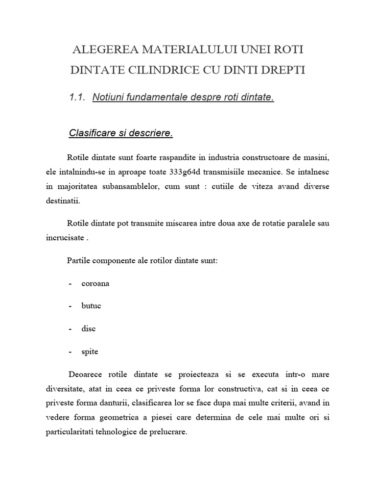 Alegerea Materialului Unei Roti Dintate Cilindrice Cu Dinti Drepti | PDF