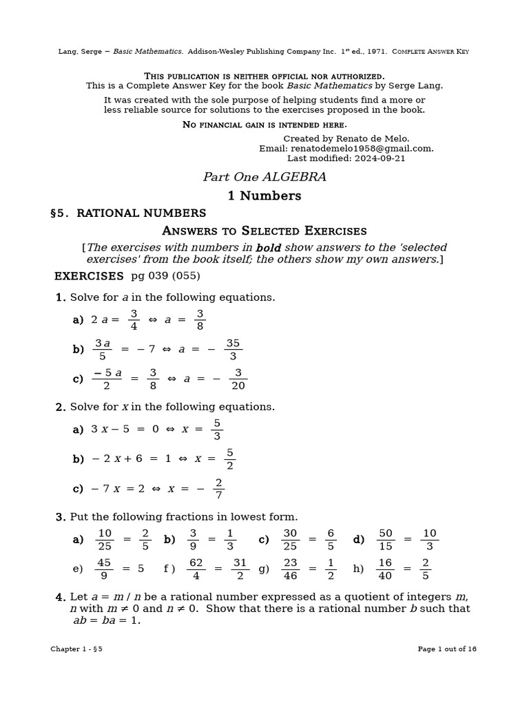 En 0105 Serge Lang Basic Mathematics Answers | PDF | Logarithm | Numbers