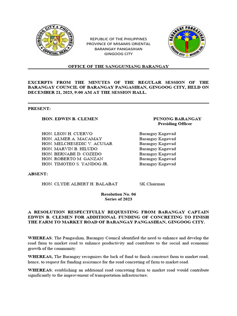 Barangay Resolution 2023 2024 | PDF Barangay Resolution 2023 2024 | PDF